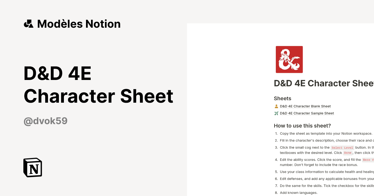 Modèle D&D 4E Character Sheet | Marketplace Notion