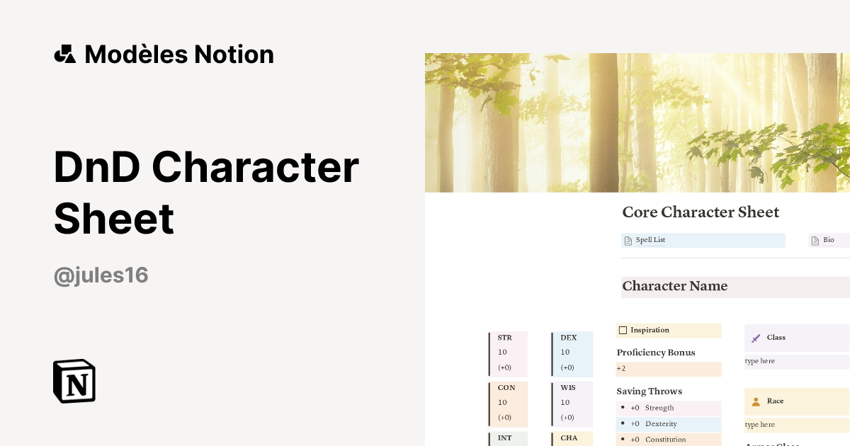DnD Character Sheet | Modèle créé par Jules | Marketplace Notion