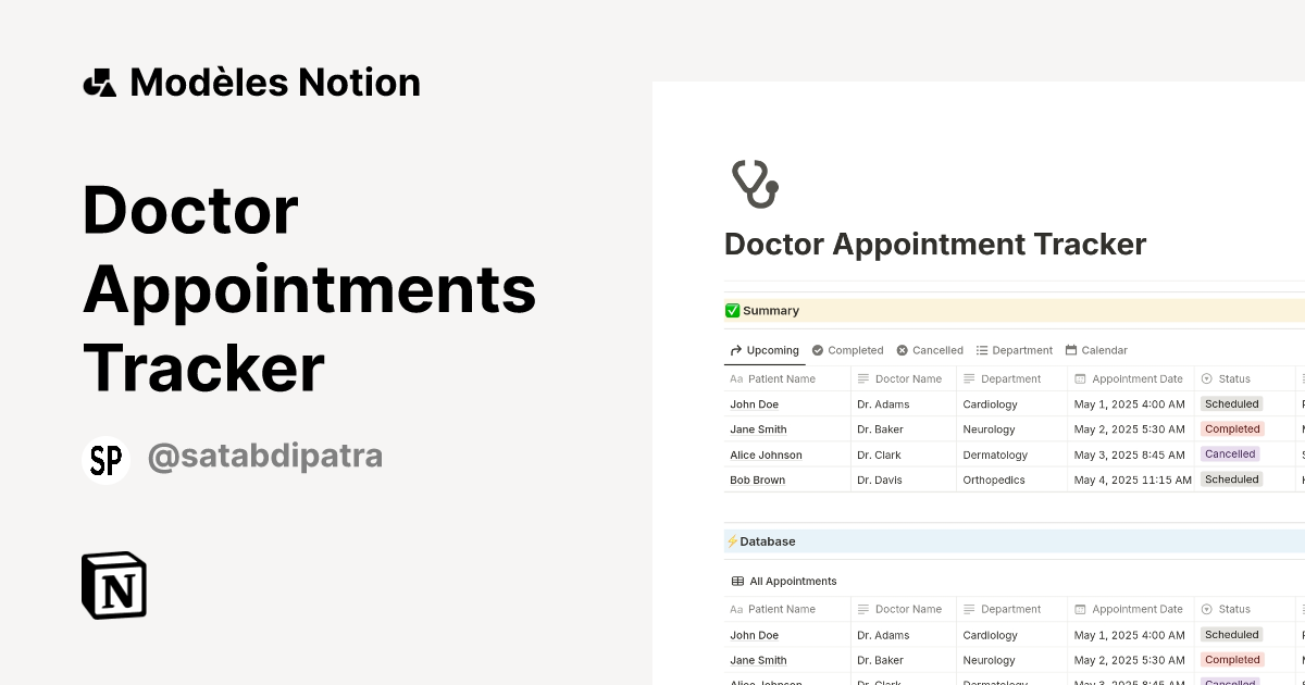 Modèle Doctor Appointments Tracker | Marketplace Notion