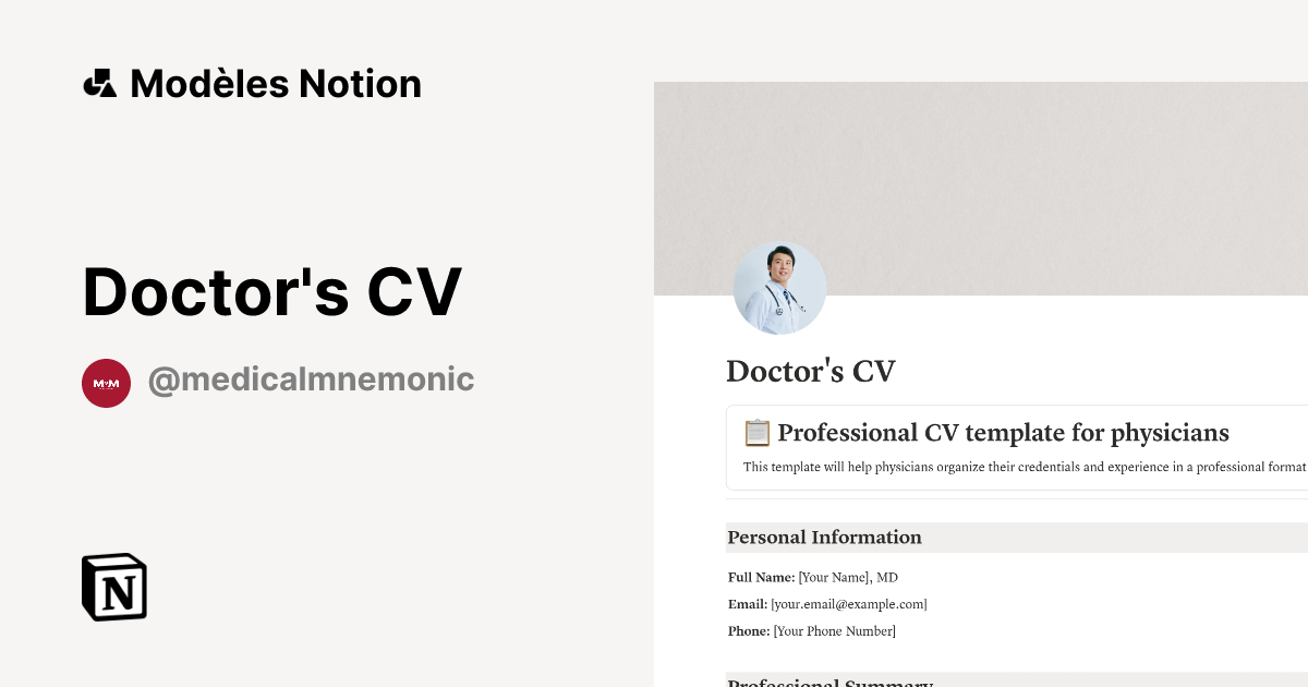 Doctor's CV | Modèle créé par Medical mnemonic | Marketplace Notion