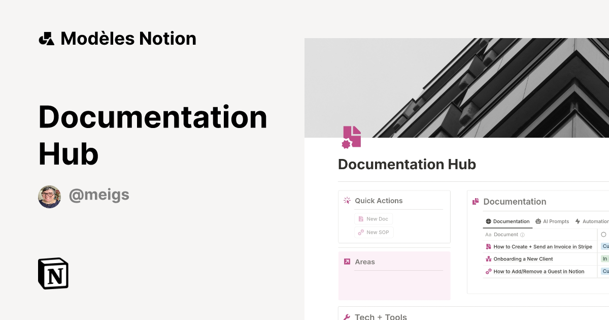 Documentation Hub | Modèle créé par Meighan O'Toole | Marketplace Notion