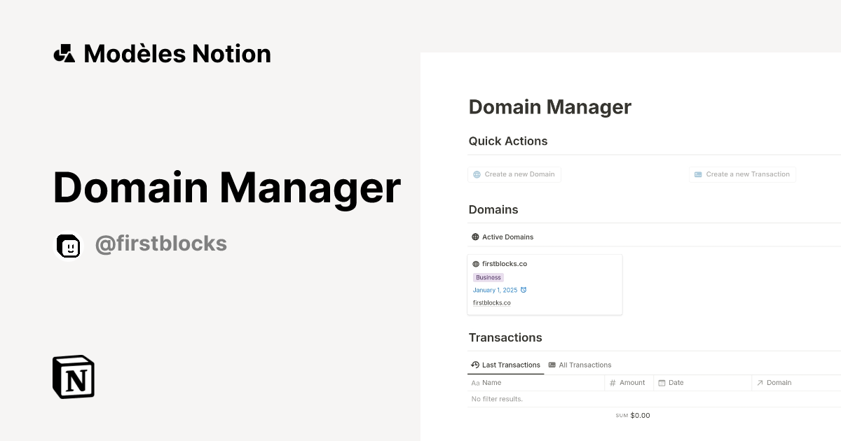 Domain Manager | Modèle créé par First Blocks | Marketplace Notion