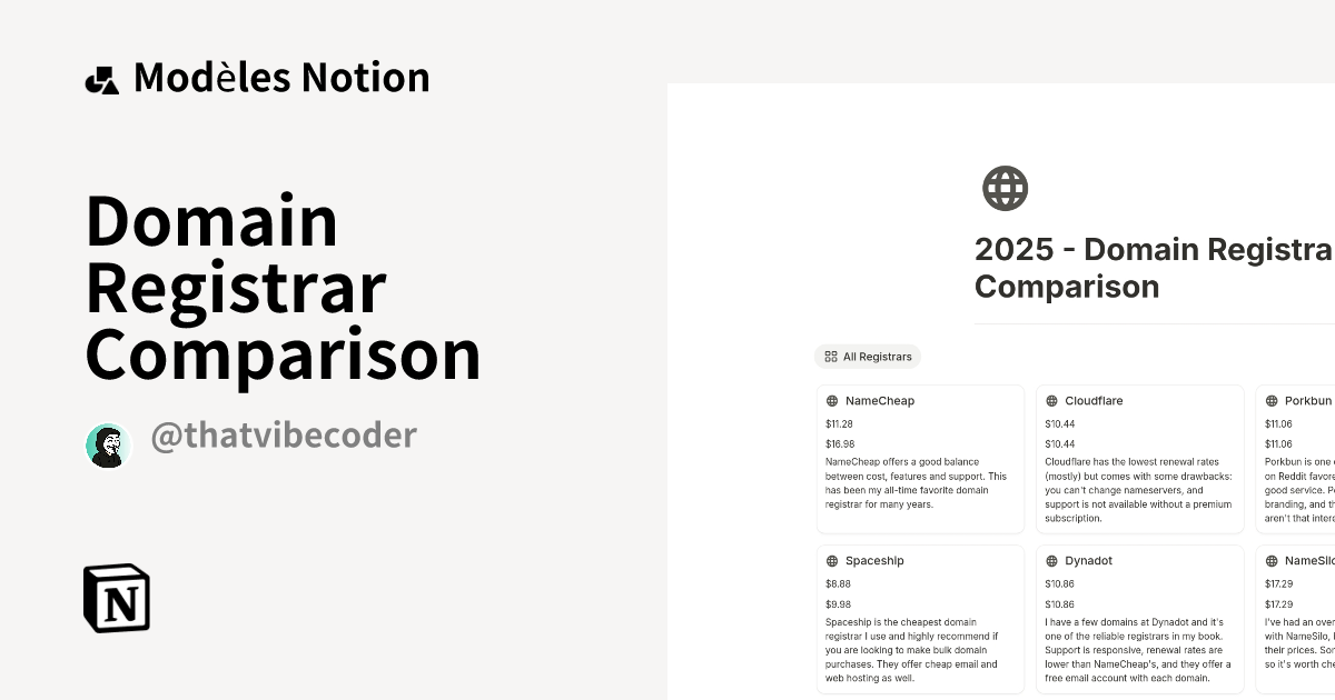 Domain Registrar Comparison | Modèle créé par That Vibe Coder | Marketplace Notion