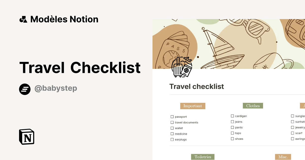 Modèle Travel Checklist | Marketplace Notion
