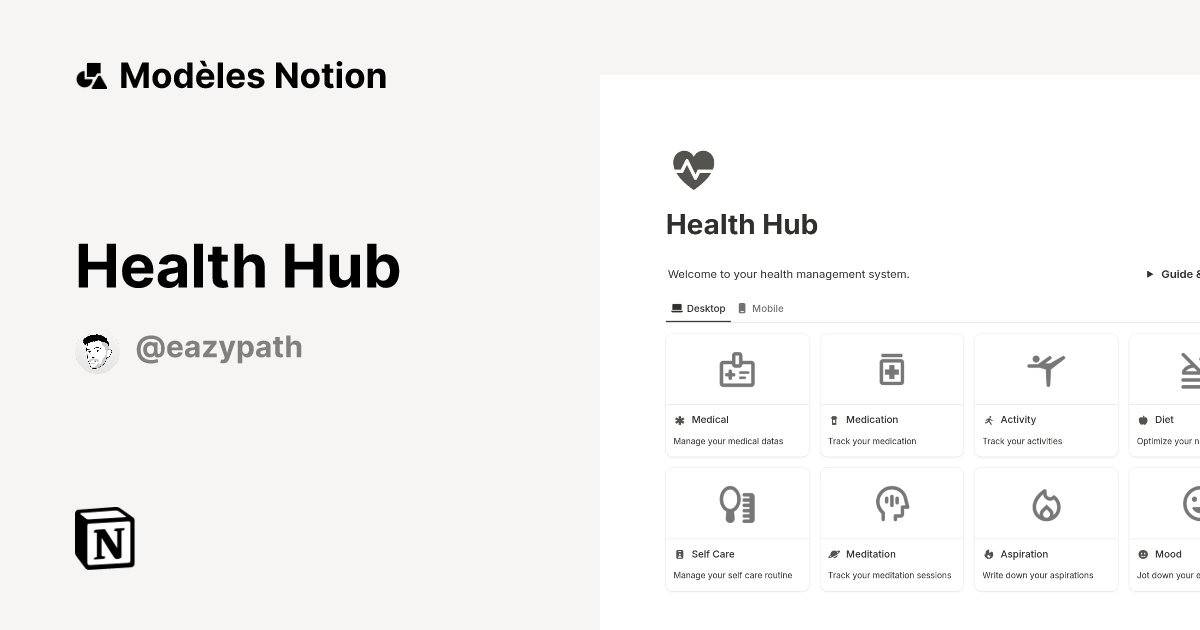 Health Hub | Modèle créé par Eazypath | Marketplace Notion