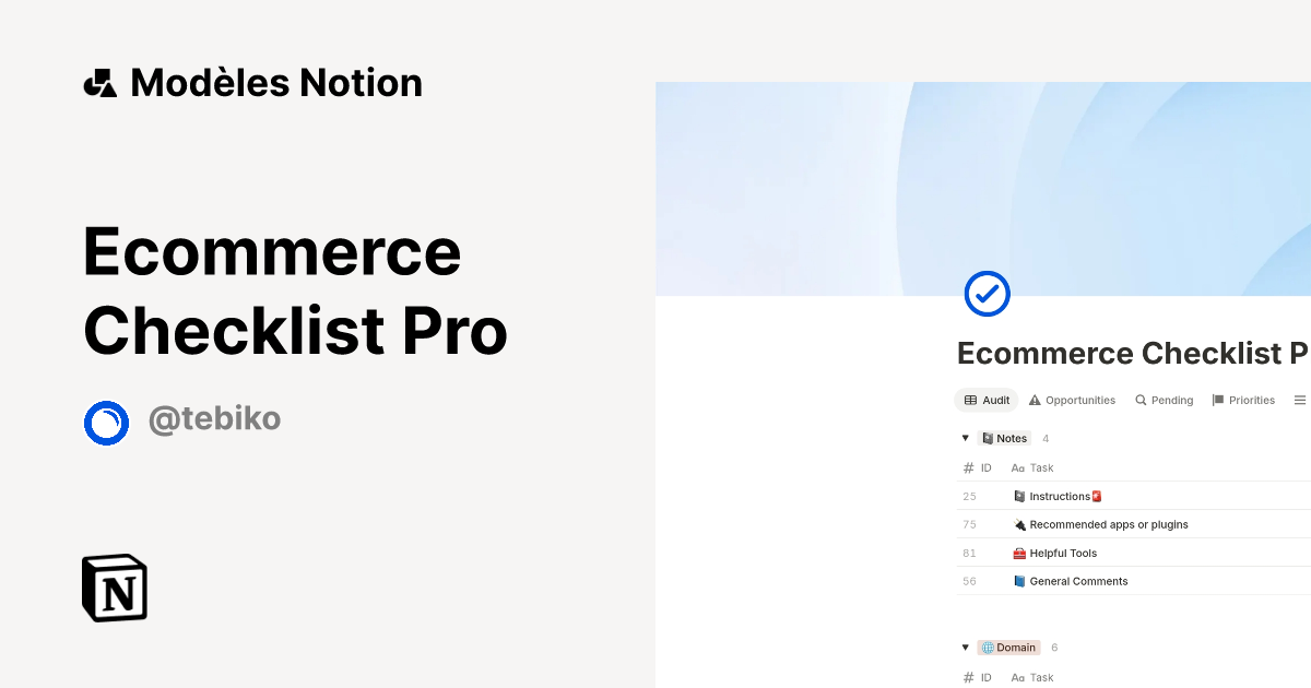 Ecommerce Checklist Pro | Modèle créé par Tebiko | Marketplace Notion