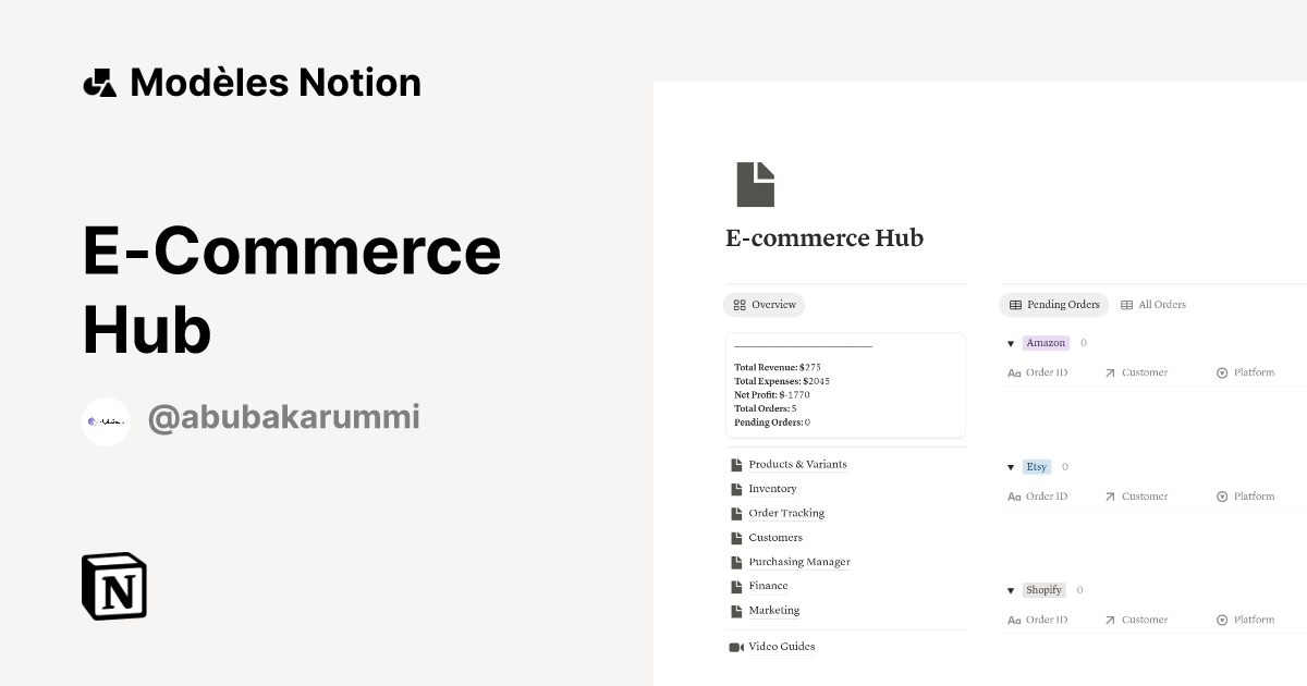 Modèle E-Commerce Hub | Marketplace Notion