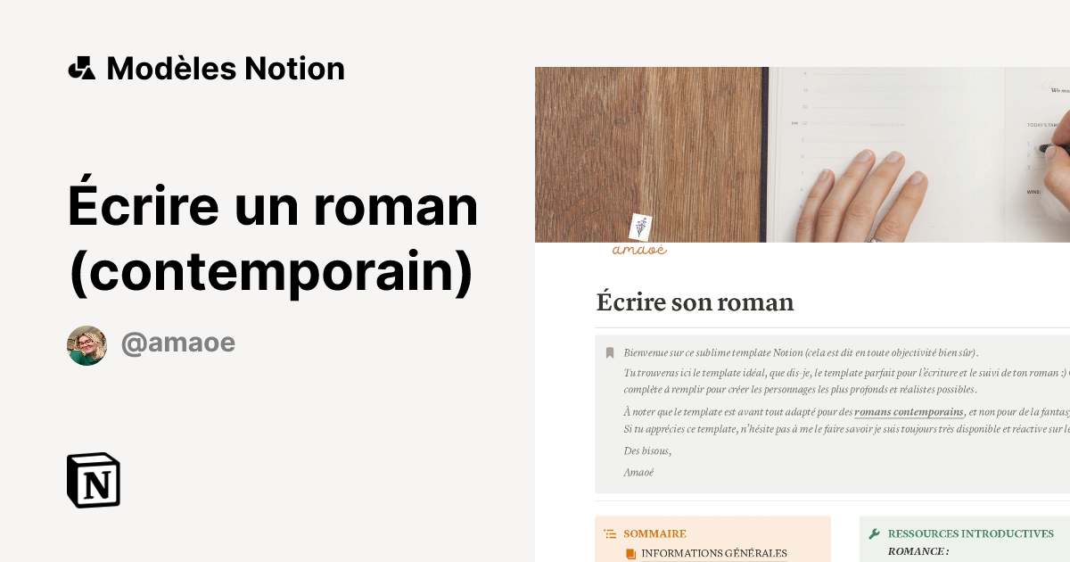 Modèle Écrire un roman (contemporain) | Marketplace Notion