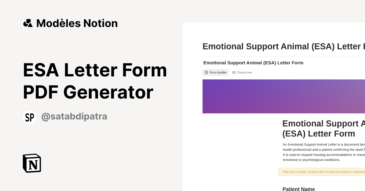 Modèle ESA Letter Form PDF Generator | Marketplace Notion