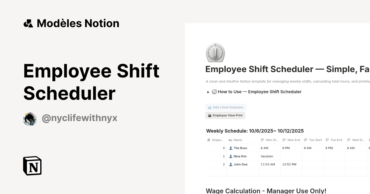 Employee Shift Scheduler | Modèle créé par NYCLifewithNyx | Marketplace Notion