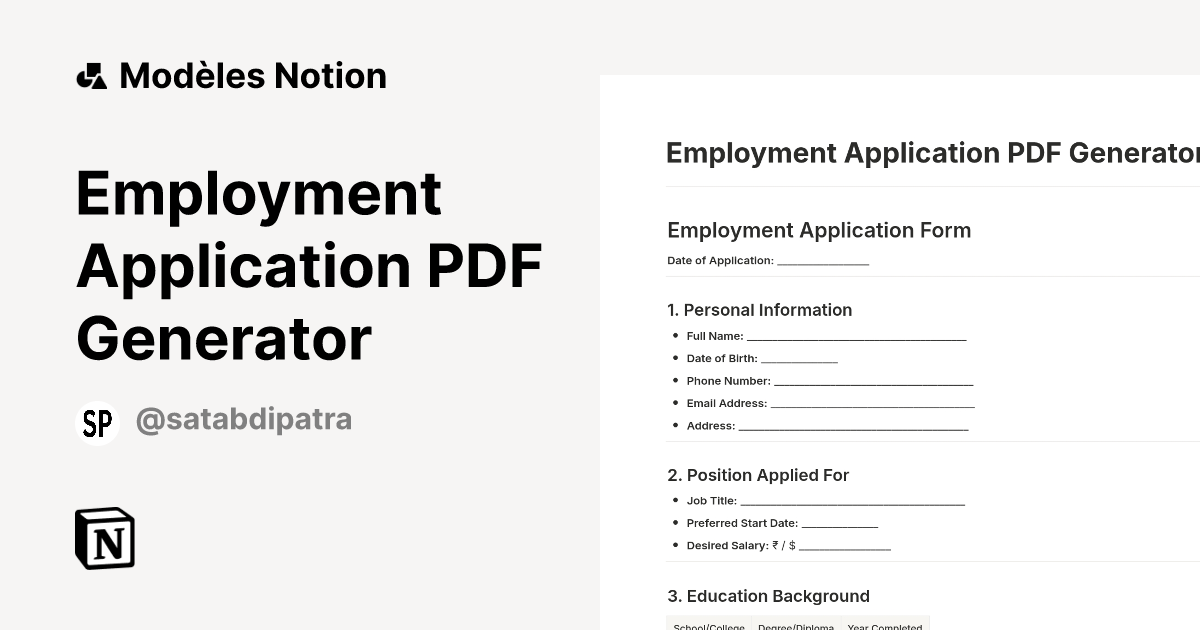 Employment Application PDF Generator | Modèle créé par Satabdi Patra | Marketplace Notion