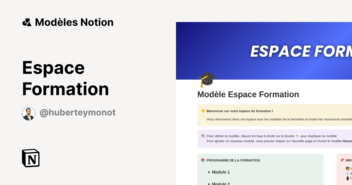Espace Formation | Modèle créé par Hubert Eymonot | Marketplace Notion
