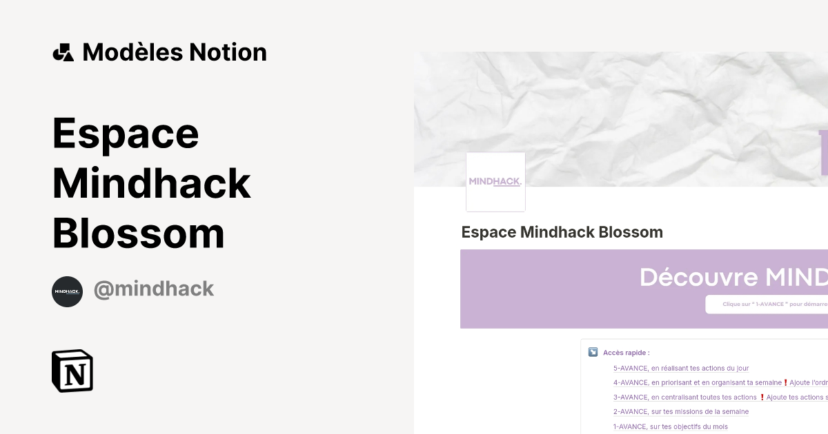 Espace Mindhack Blossom | Modèle créé par MINDHACK | Marketplace Notion