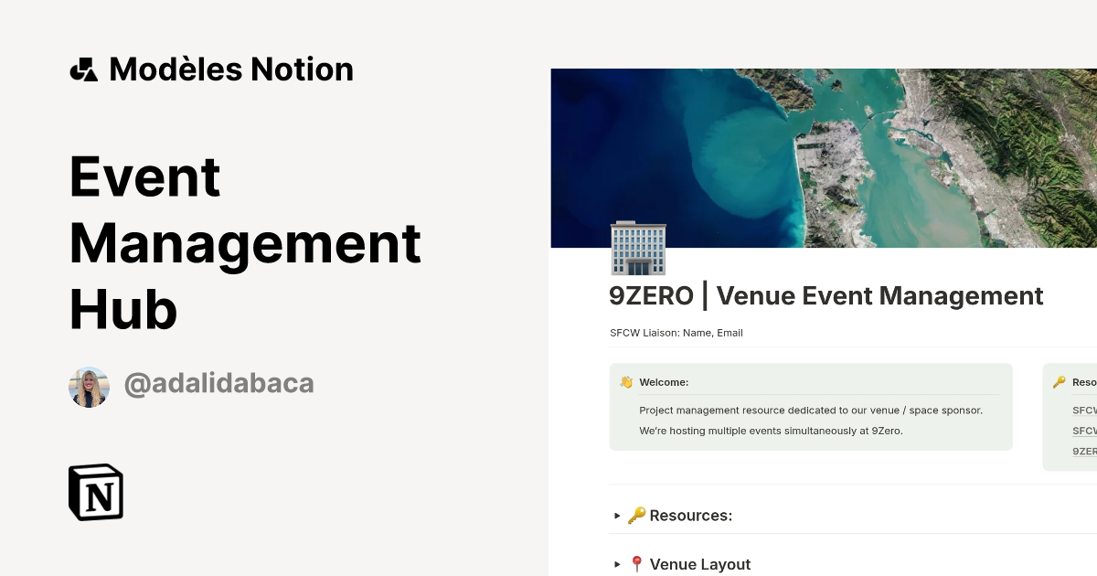 Event Management Hub | Modèle créé par Adalida Baca | Marketplace Notion