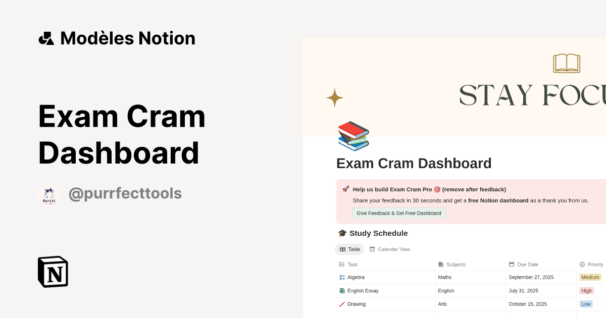 Exam Cram Dashboard | Modèle créé par Purrfect Tools | Marketplace Notion