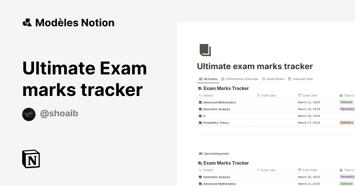 Ultimate Exam marks tracker | Modèle créé par Shoaib | Marketplace Notion