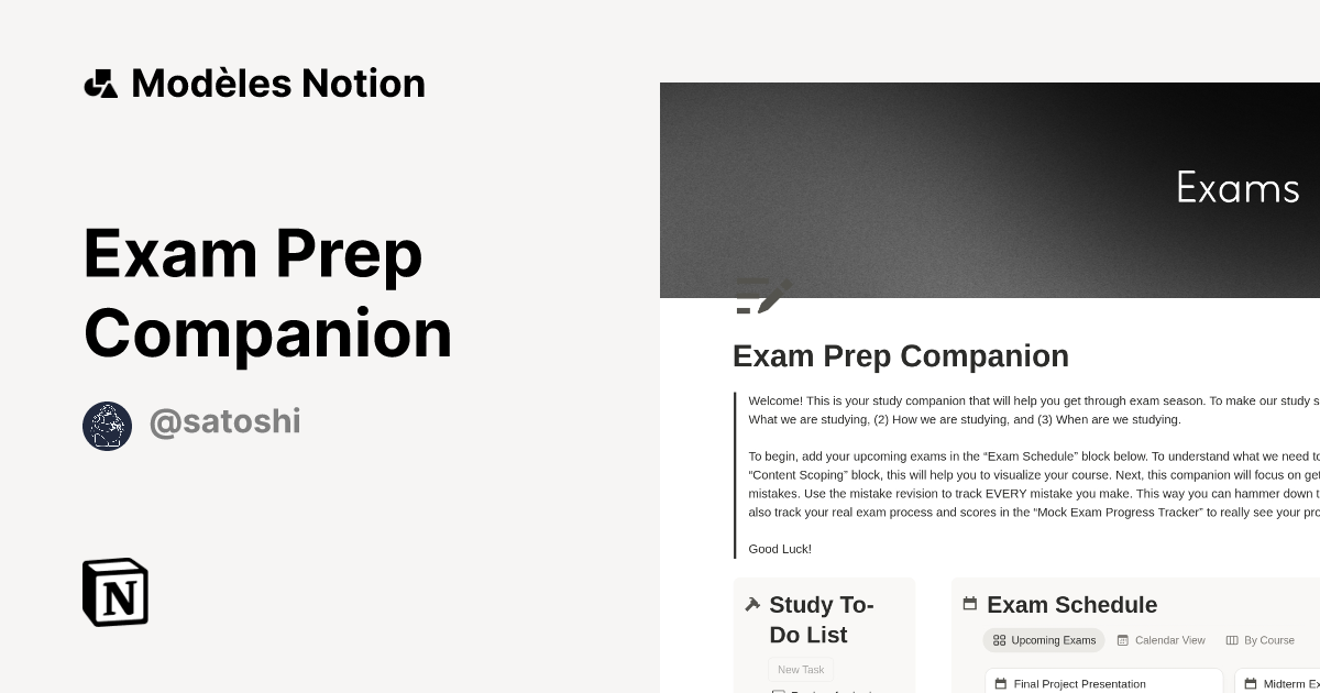 Exam Prep Companion | Modèle créé par satoshi | Marketplace Notion