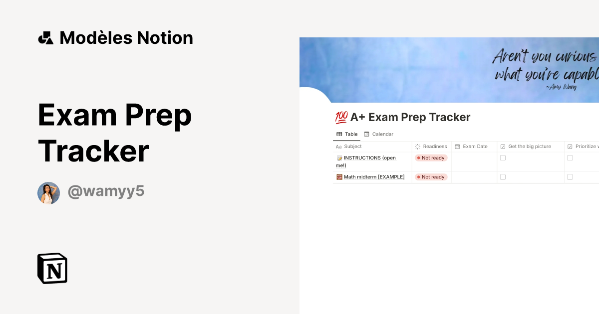 Exam Prep Tracker | Modèle créé par Amy | Marketplace Notion