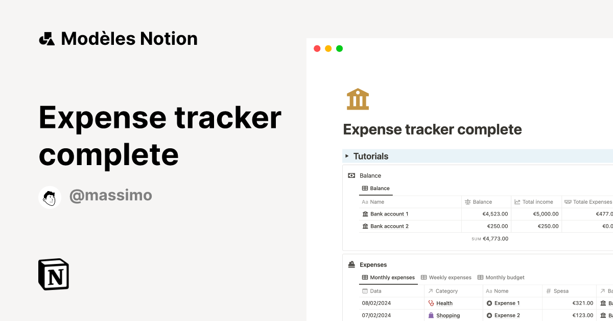 Expense tracker complete | Modèle créé par Massimo | Marketplace Notion