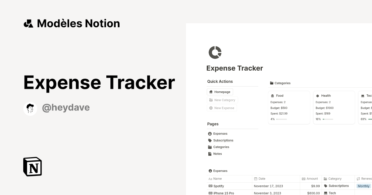 Expense Tracker | Modèle créé par Dave | Marketplace Notion