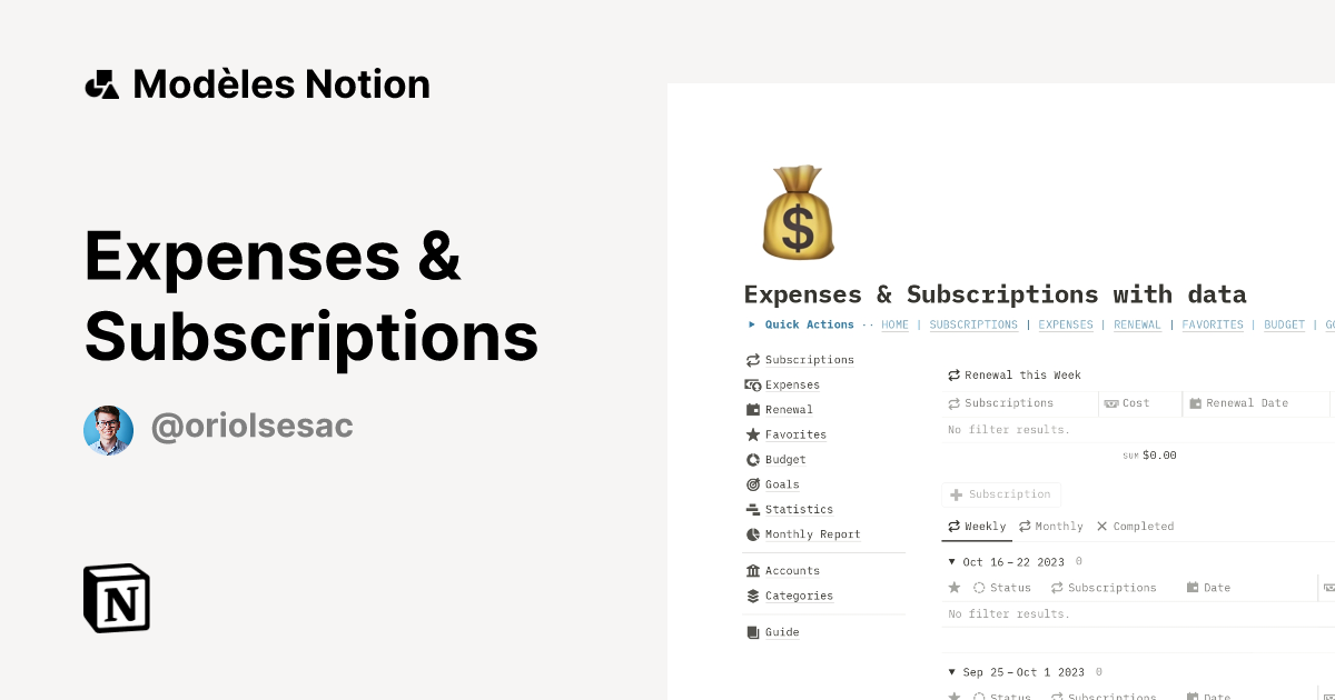 Expenses & Subscriptions | Modèle créé par Oriol Sesac | Marketplace Notion