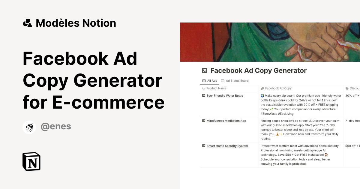 Modèle Facebook Ad Copy Generator for E-commerce | Marketplace Notion