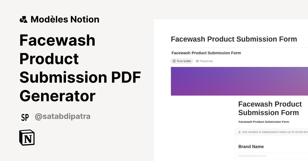 Modèle Facewash Product Submission PDF Generator | Marketplace Notion