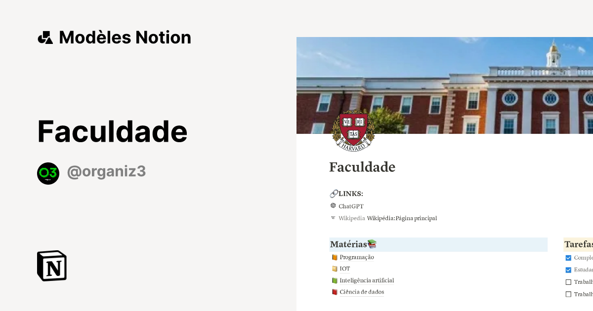 Faculdade | Modèle créé par ORGANIZ3 | Marketplace Notion