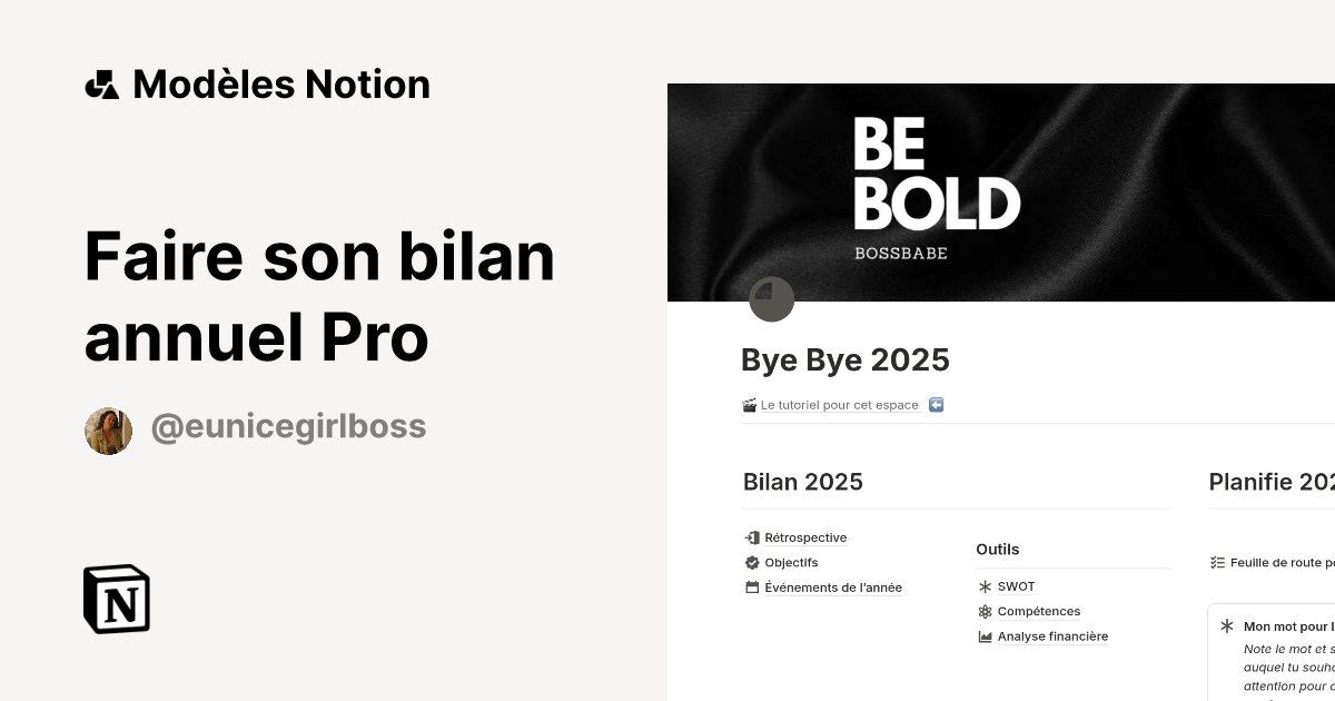 Faire son bilan annuel Pro | Modèle créé par Eunice - Girl BOSS | Marketplace Notion