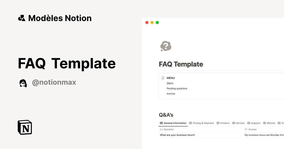 FAQ Template | Modèle créé par Notionmax | Marketplace Notion