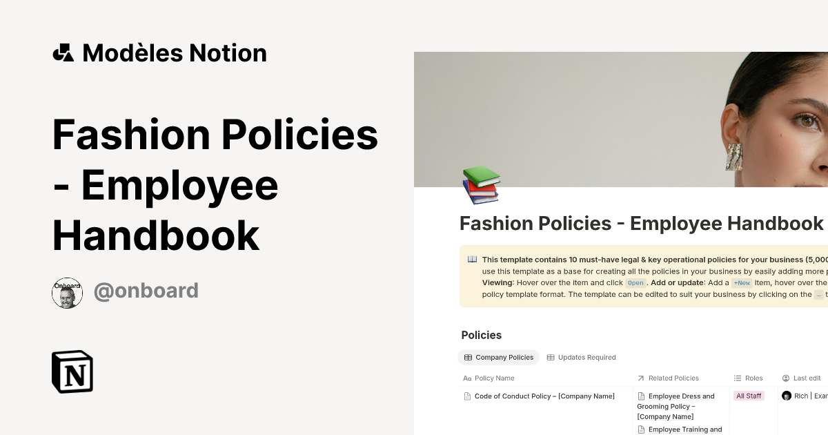 Modèle Fashion Policies - Employee Handbook | Marketplace Notion