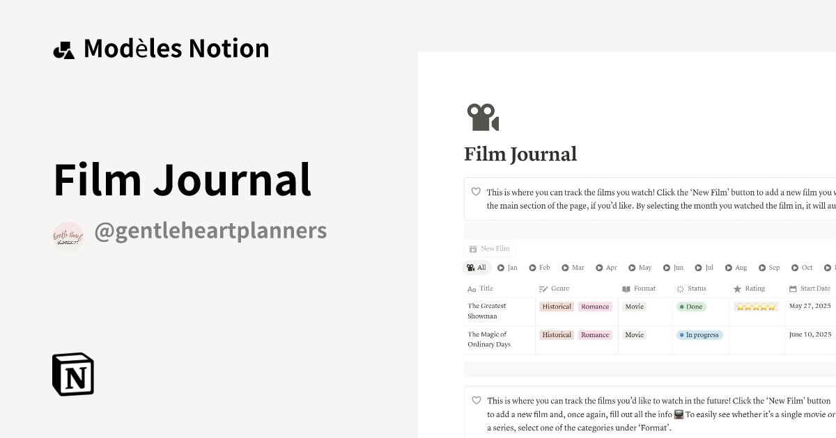 Film Journal | Modèle créé par Gentle Heart Planners | Marketplace Notion