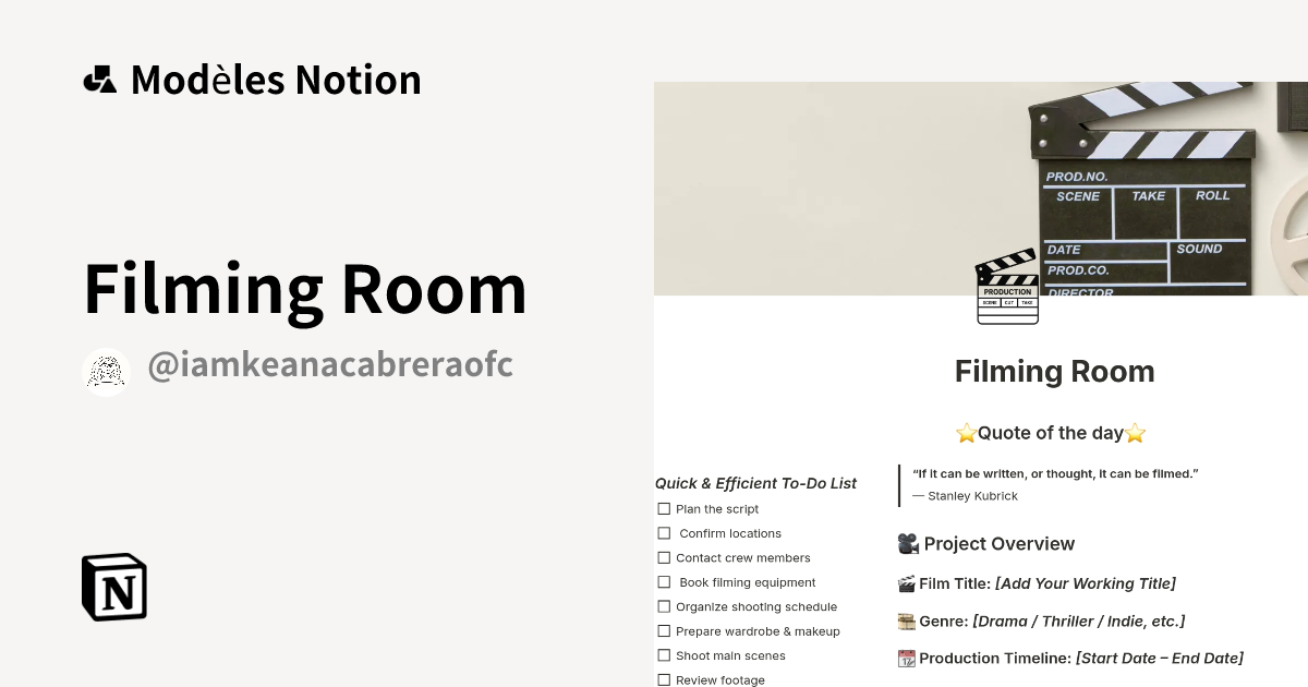 Filming Room | Modèle créé par Kie | Marketplace Notion