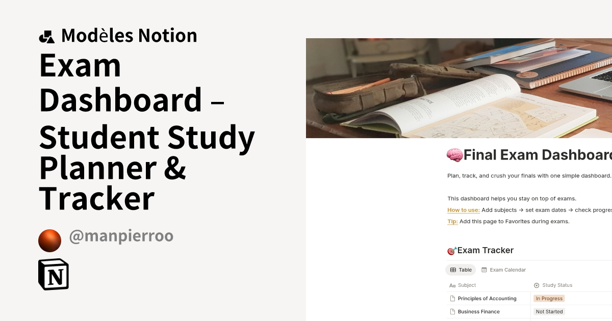Modèle Exam Dashboard – Student Study Planner & Tracker | Marketplace Notion