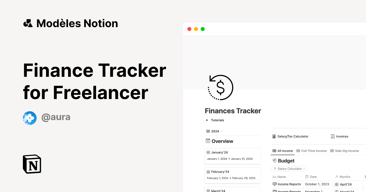 Finance Tracker for Freelancer | Modèle créé par Aura | Marketplace Notion