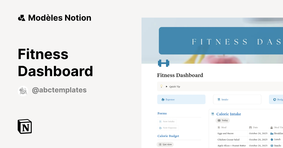 Fitness Dashboard | Modèle créé par Abby | Marketplace Notion