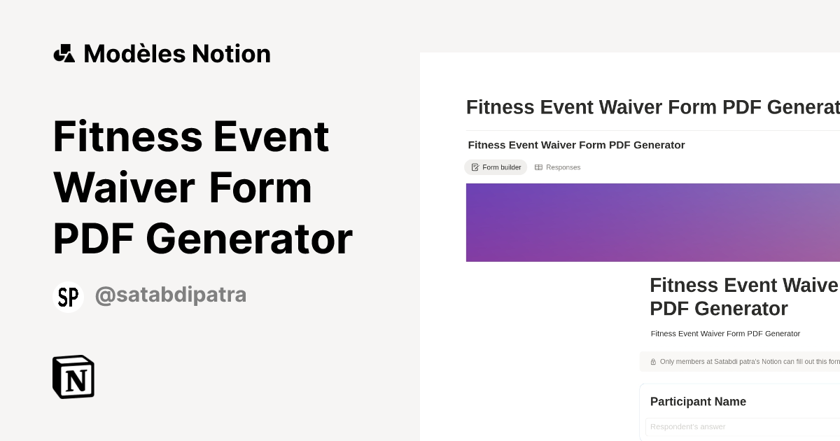 Modèle Fitness Event Waiver Form PDF Generator | Marketplace Notion
