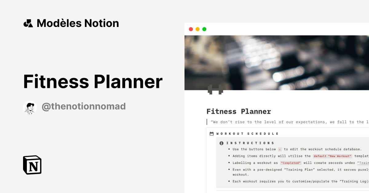 Fitness Planner | Modèle créé par The Notion Nomad | Marketplace Notion