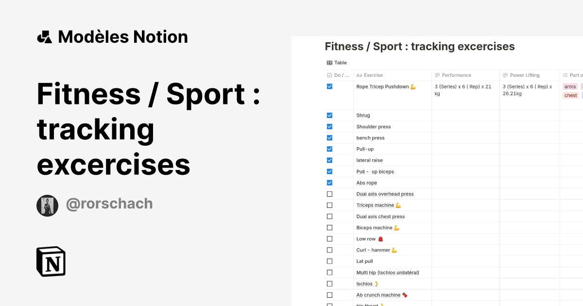 Fitness / Sport : tracking excercises | Modèle créé par Rorschach | Marketplace Notion