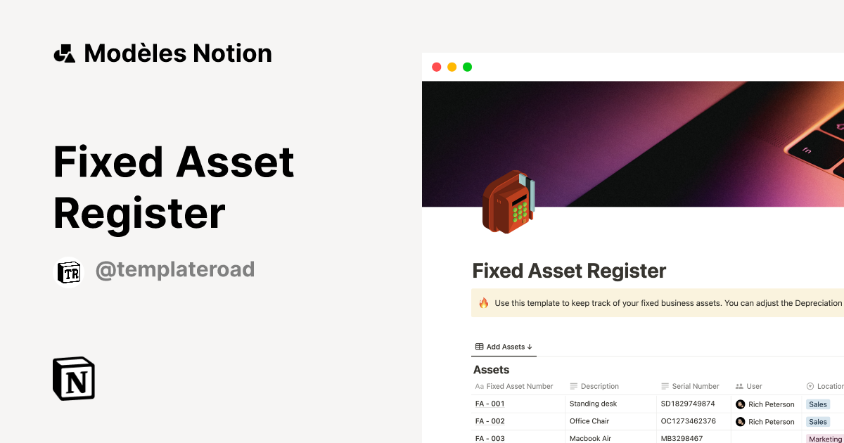 Modèle Fixed Asset Register | Marketplace Notion