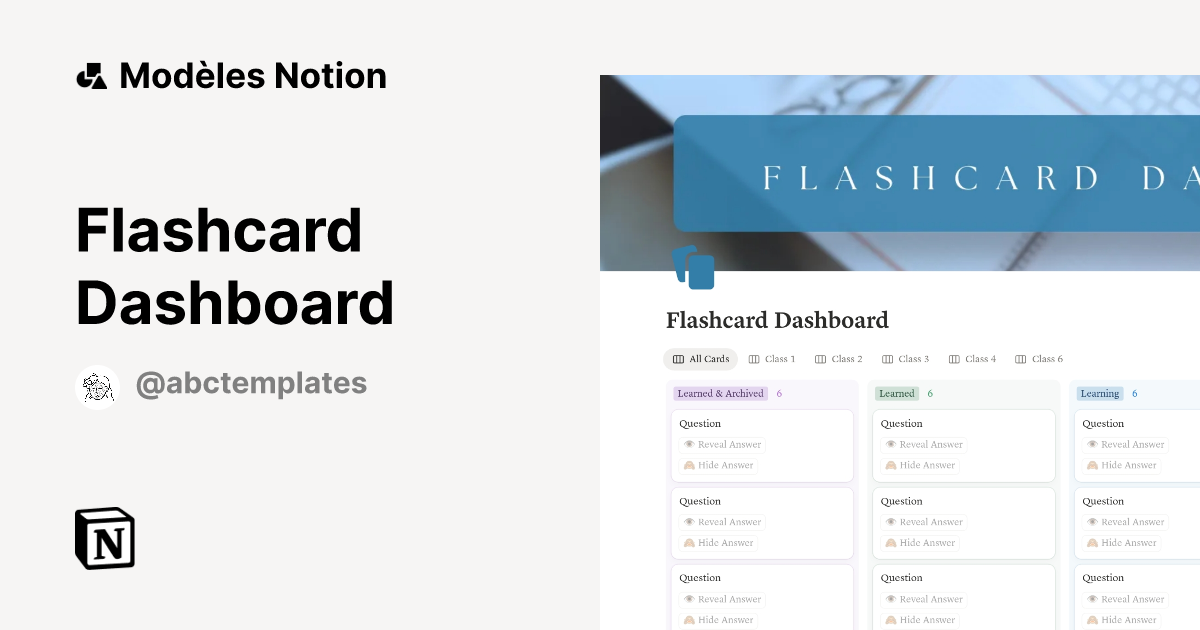Flashcard Dashboard | Modèle créé par Abby | Marketplace Notion