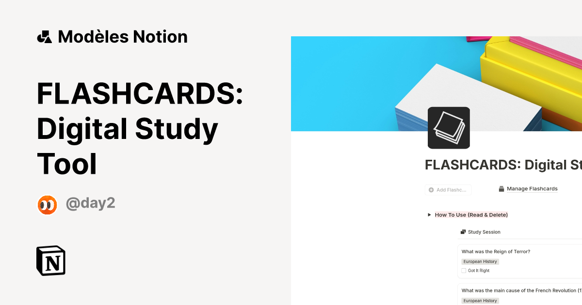 FLASHCARDS: Digital Study Tool | Modèle créé par DAY | Marketplace Notion