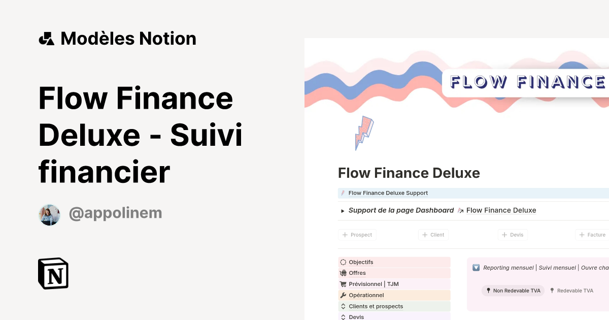 Flow Finance Deluxe - Suivi financier | Modèle créé par Appoline M. | Marketplace Notion