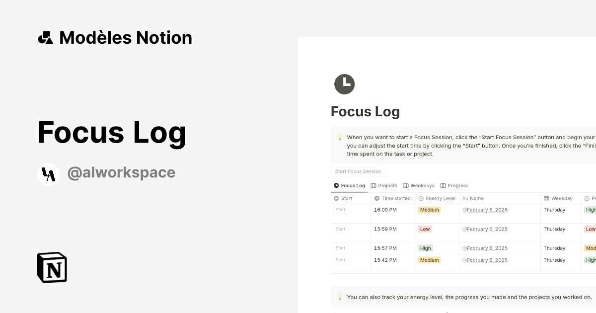 Modèle Focus Log | Marketplace Notion