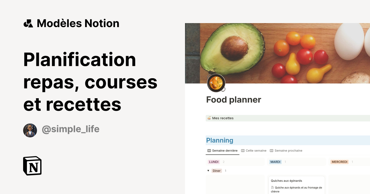 Planification repas, courses et recettes | Modèle créé par Simple Life ...