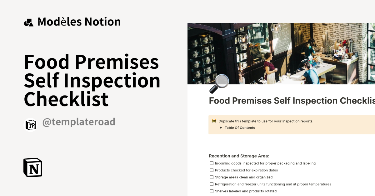 Modèle Food Premises Self Inspection Checklist | Marketplace Notion