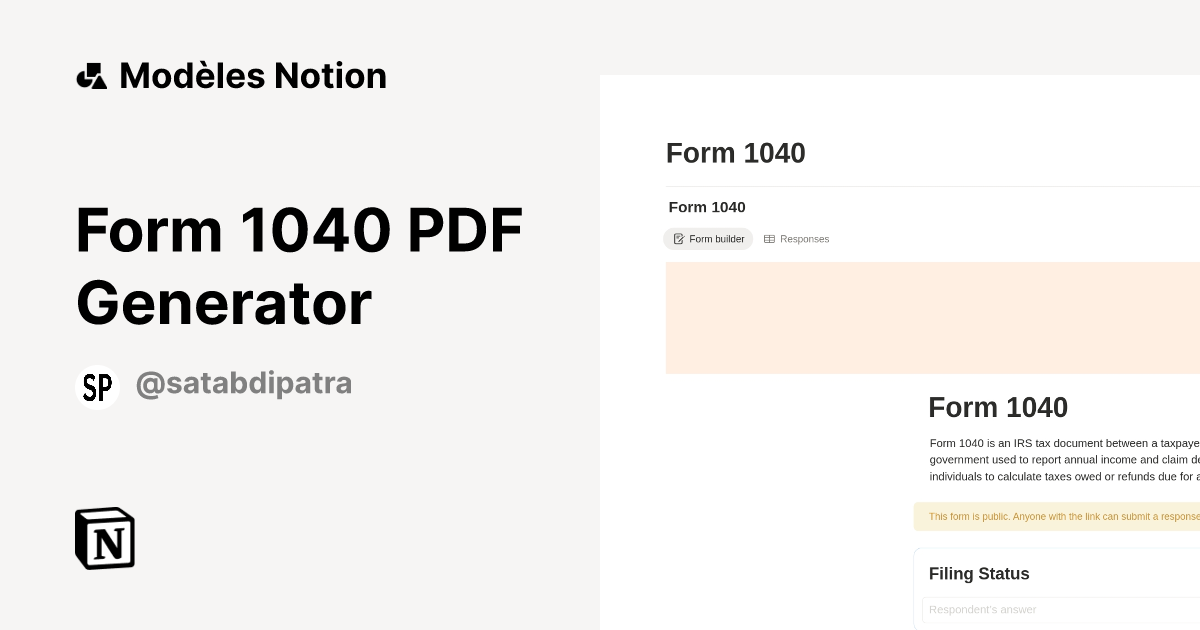 Form 1040 PDF Generator | Modèle créé par Satabdi Patra | Marketplace Notion