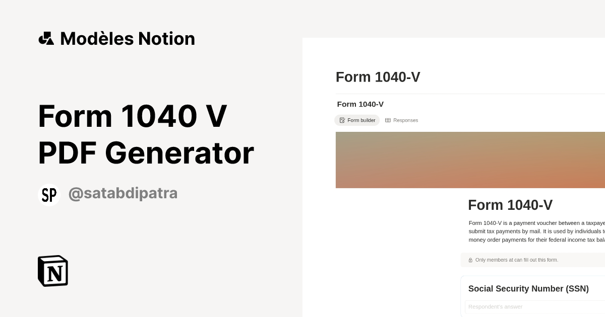 Modèle Form 1040 V PDF Generator | Marketplace Notion