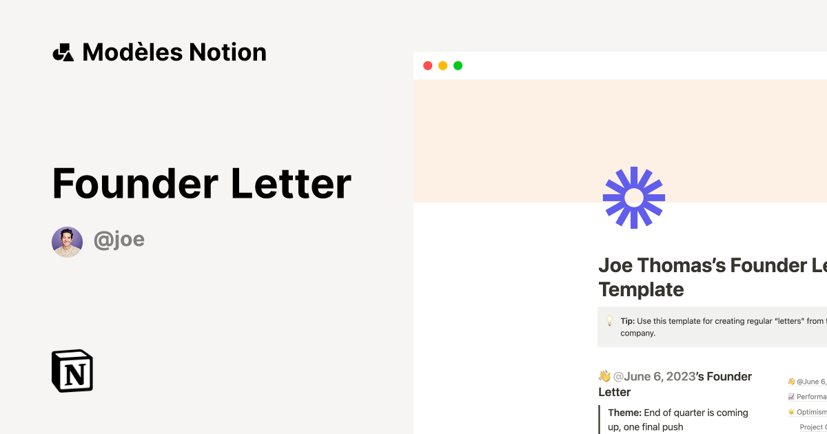 Founder Letter | Modèle créé par Joe Thomas | Marketplace Notion