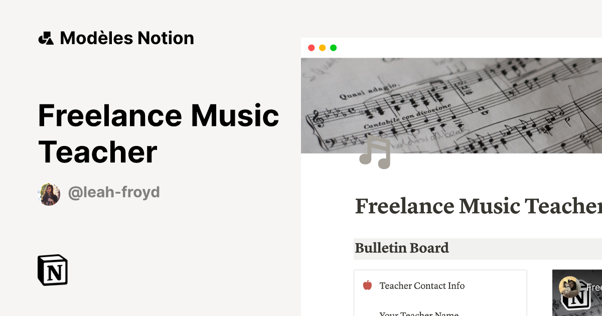 Freelance Music Teacher | Modèle créé par Leah Froyd | Marketplace Notion